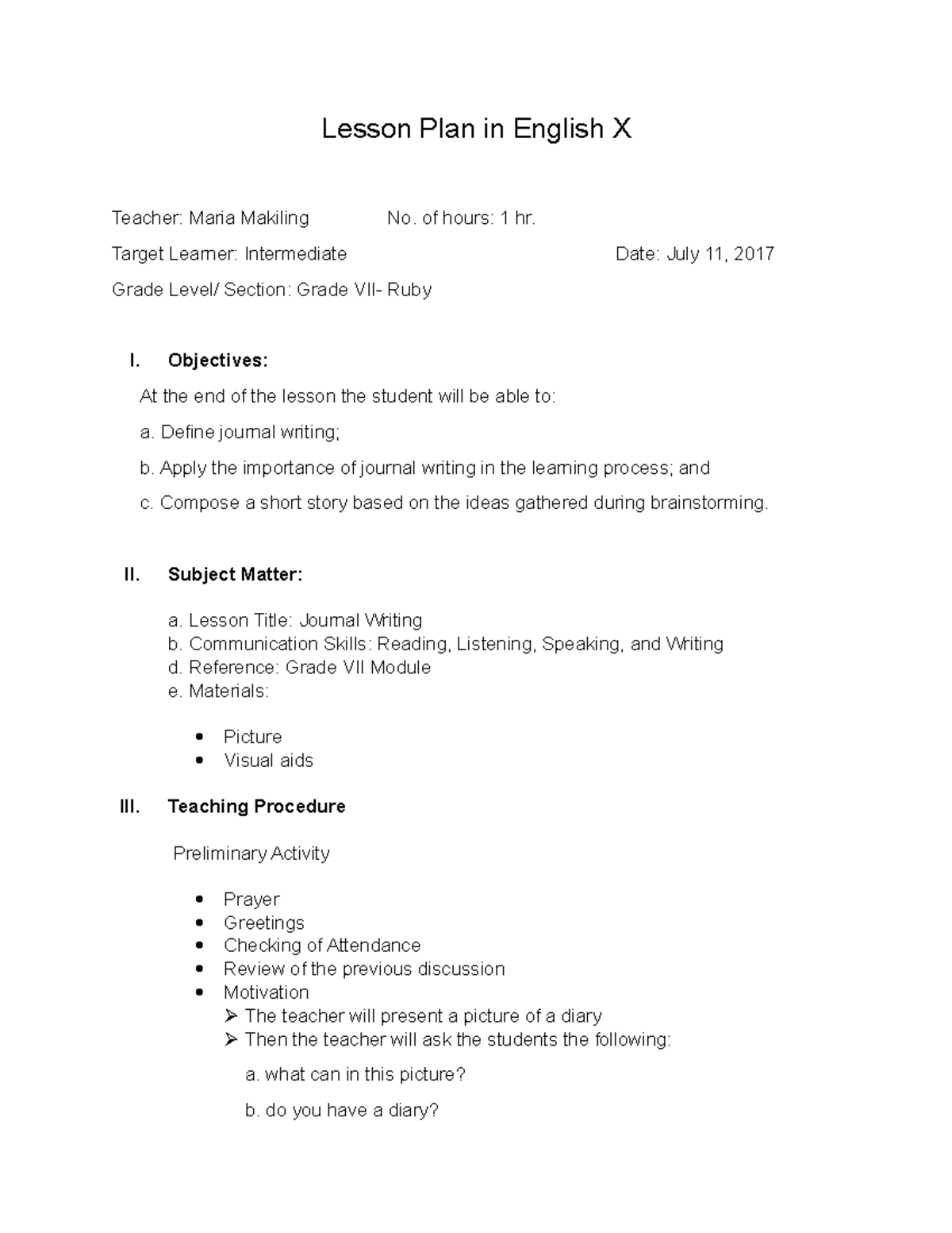 Lesson Plan in English for demo - Lesson Plan in English X Teacher ...