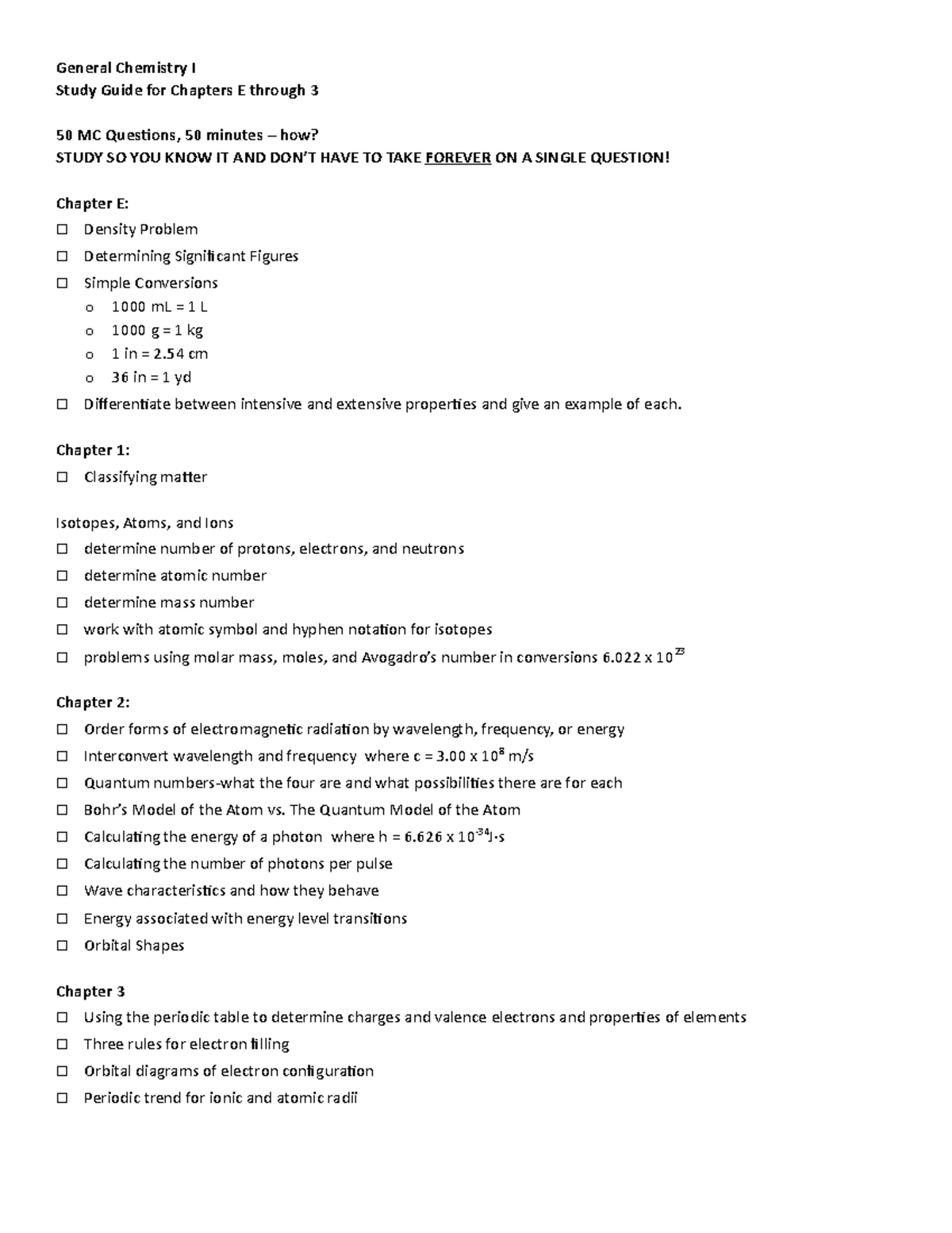 Study Guide for Chapters E through 3 Test - General Chemistry I Study ...