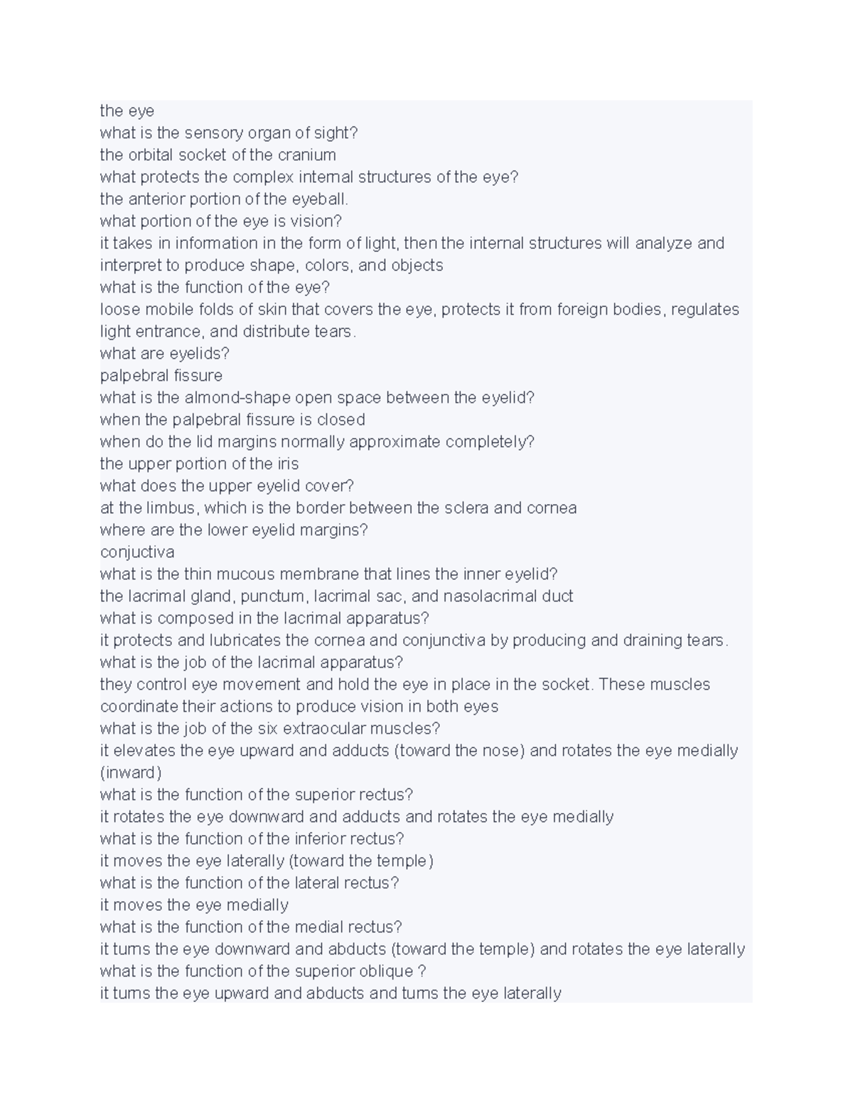 Eye information and practice questions - the eye what is the sensory ...