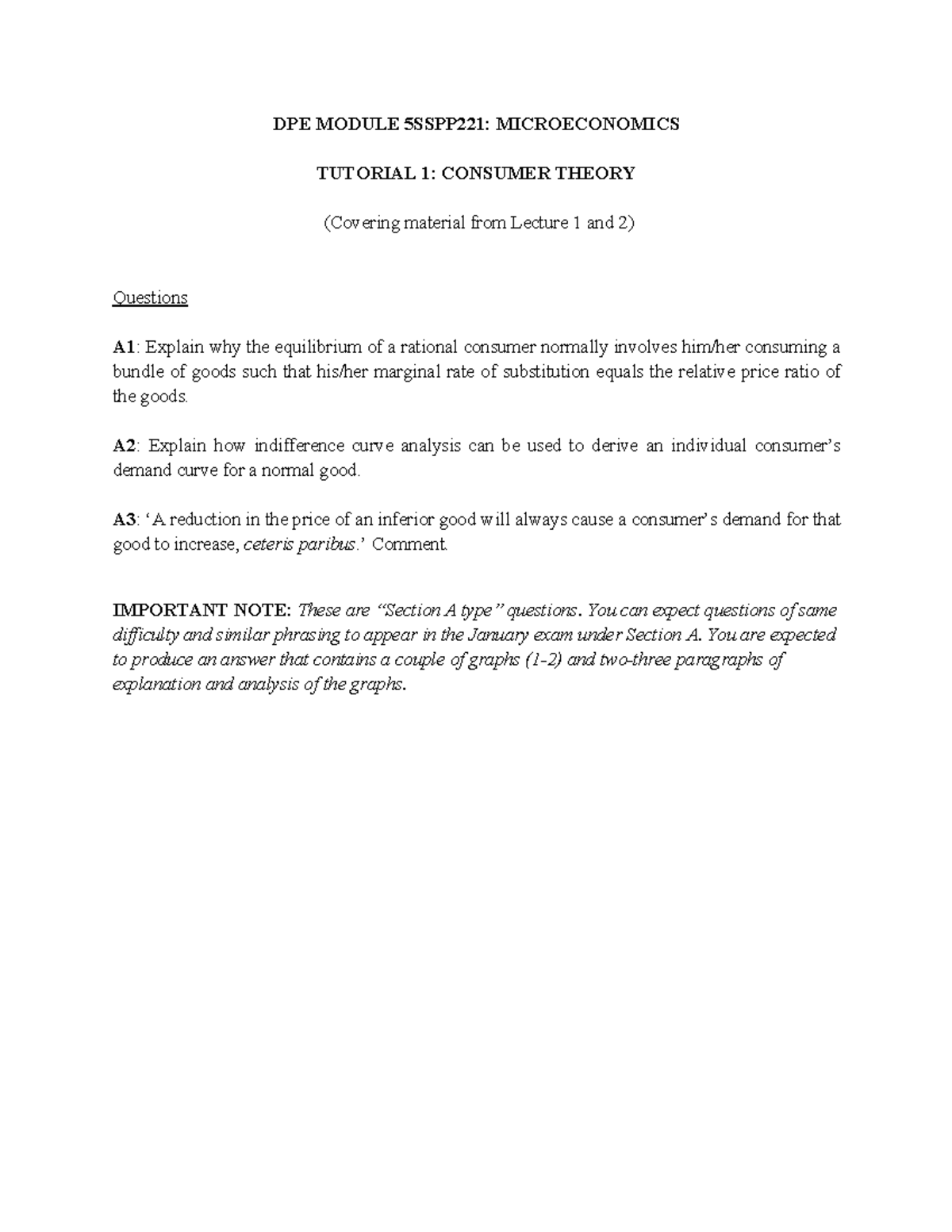 Seminar 1 - fhfhf - DPE MODULE 5SSPP221: MICROECONOMICS TUTORIAL 1 ...