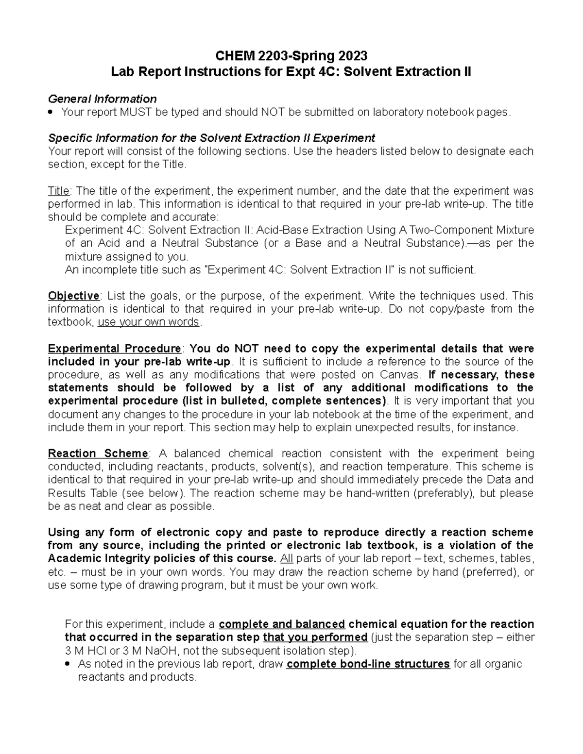 Extraction II Report Spring 2023 Template - CHEM 2203-Spring 2023 Lab Report Instructions for ...