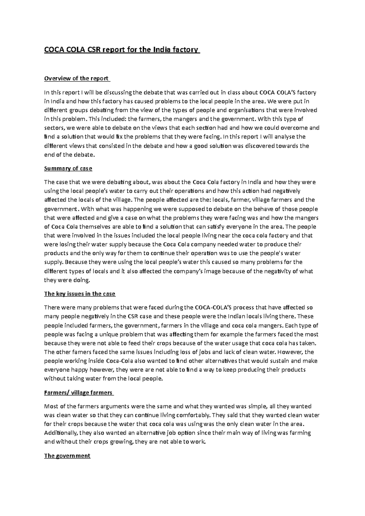 CSR coca cola report - COCA COLA CSR report for the India factory ...