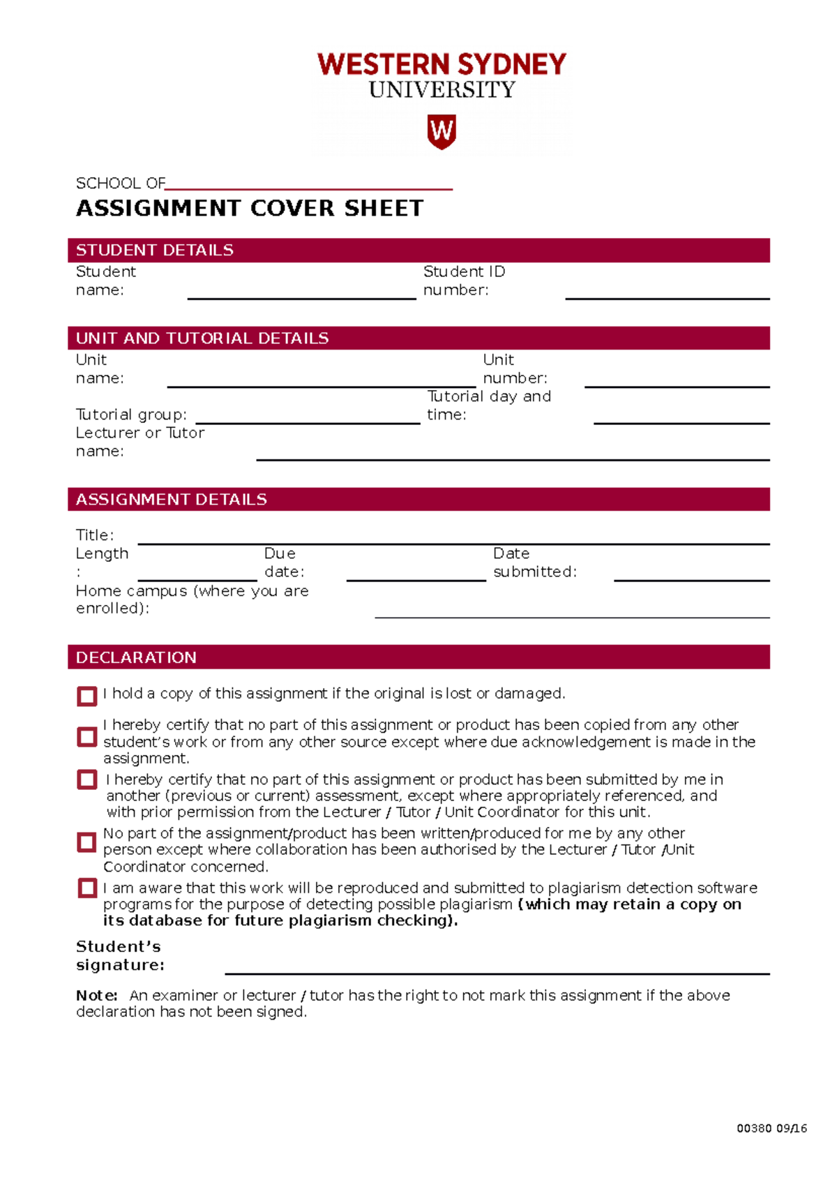 00380 0916 Assignment cover sheet- Fillable online - SCHOOL OF ...