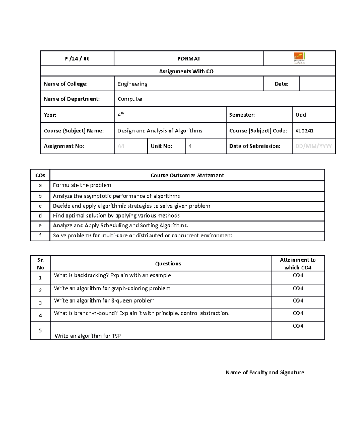 DAA4 - This is practical assignment - F /24 / 00 FORMAT Assignments With CO Name of College ...