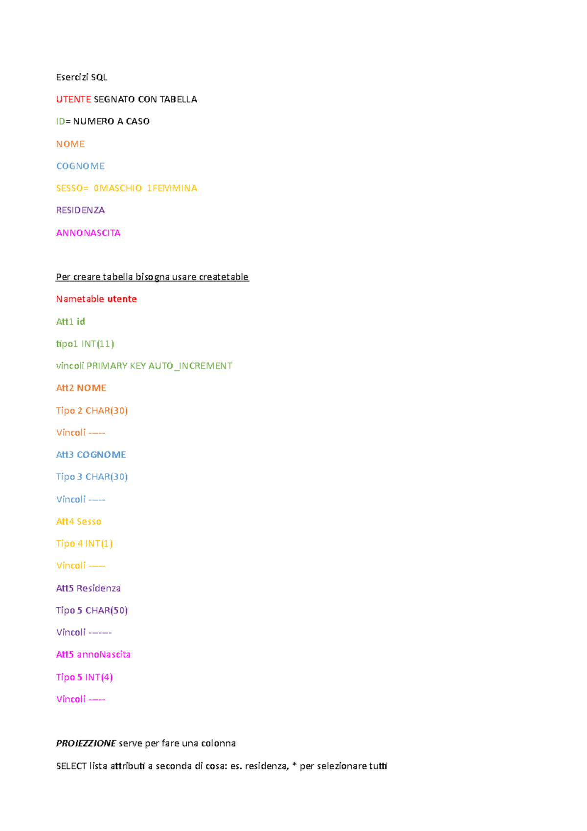 Esercizi SQL per esame di informatica GAD - Esercizi SQL UTENTE SEGNATO CON TABELLA ID= NUMERO A ...