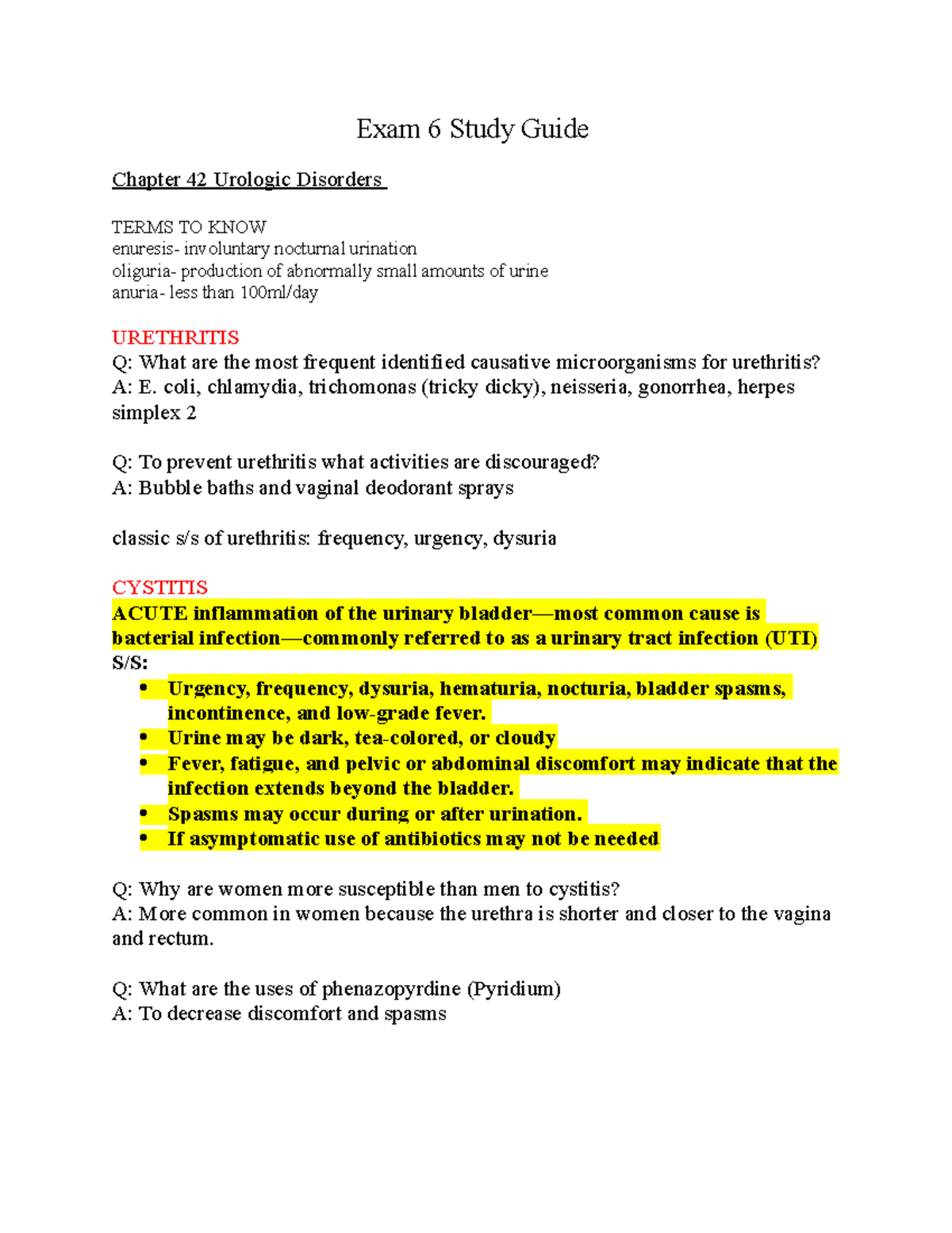 Exam 6 Study Guide - Exam 6 Study Guide Chapter 42 Urologic Disorders ...