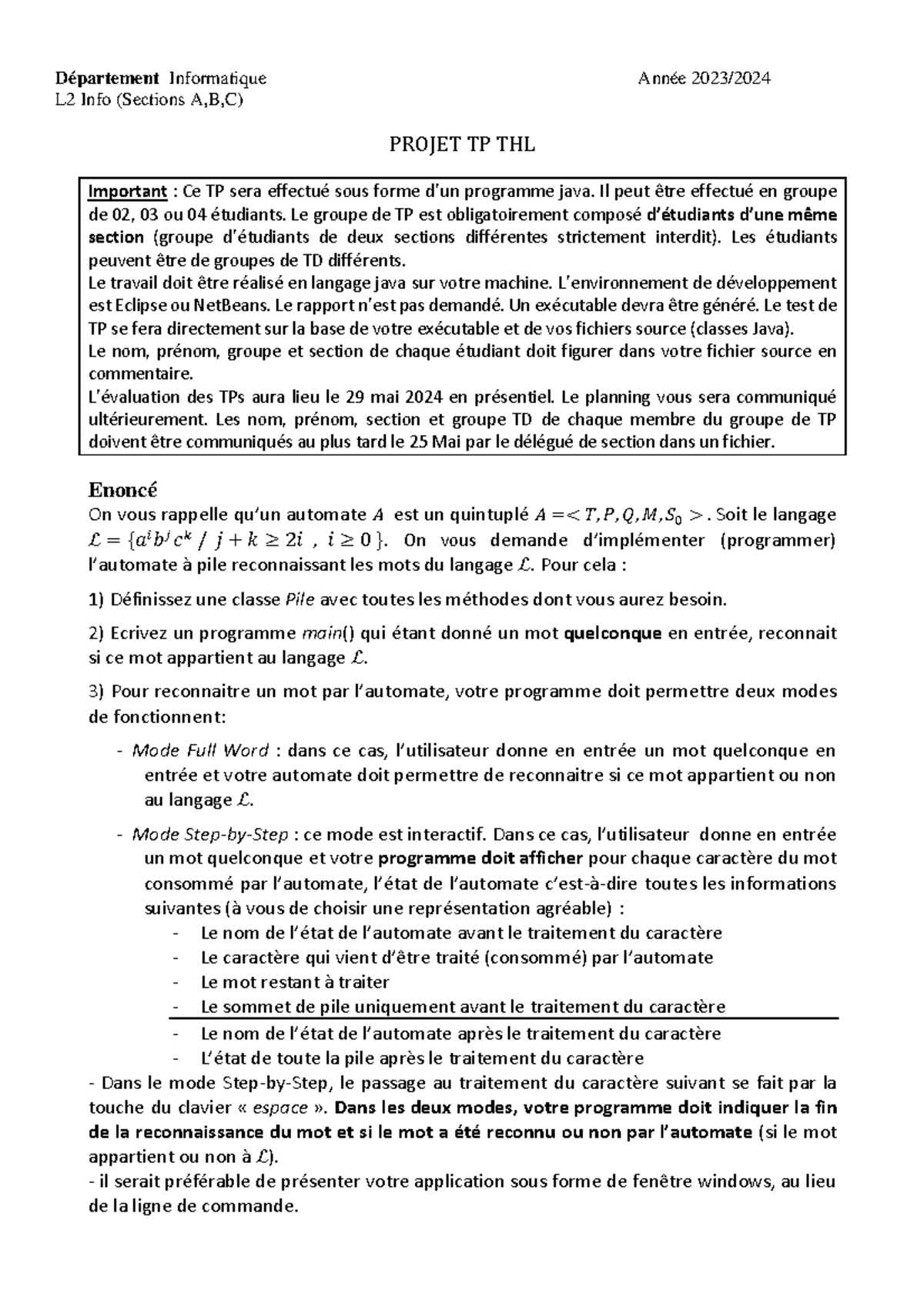 Projet TP THL - ljkmm;k., - Département Informatique Année 2023/ L2 ...