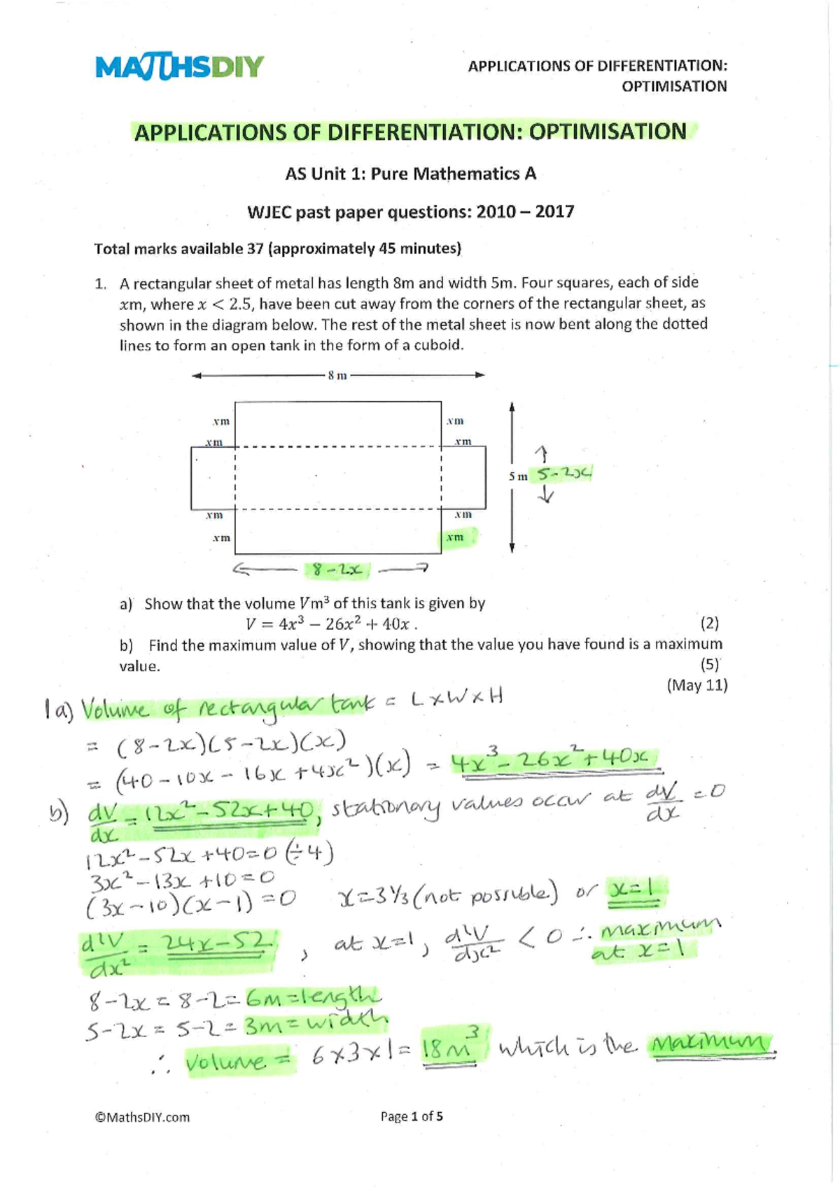 Applications of Differentiation Optimisation Solutions - MATHHDSYIY ...