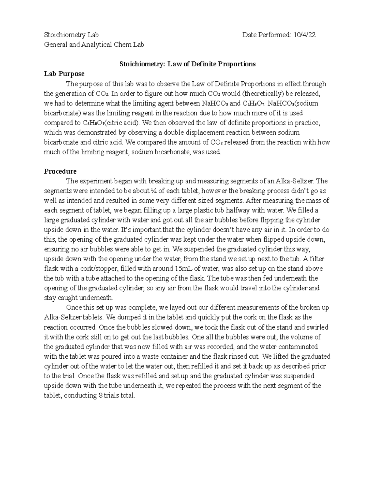 Law of Definite Proportions Post Lab - Stoichiometry Lab Date Performed ...
