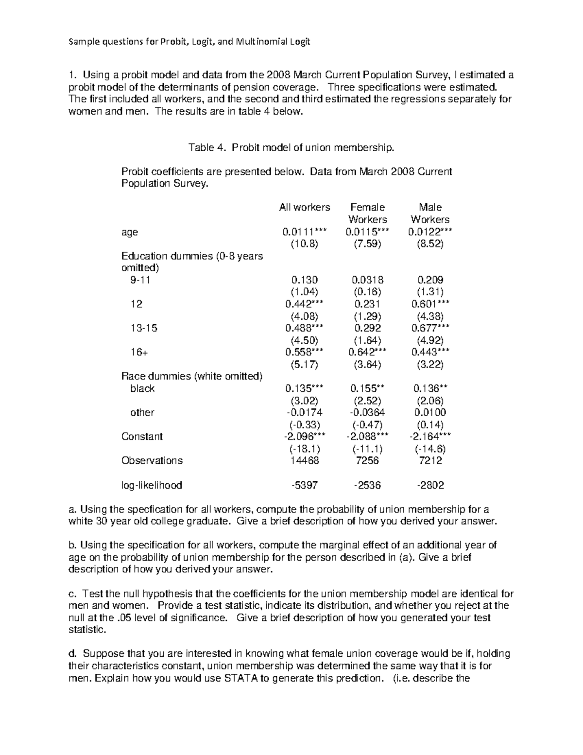 Probit logit questions - 1. Using a probit model and data from the 2008 ...