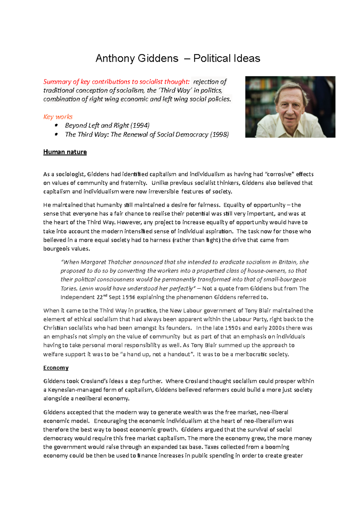 Giddens - Key works Beyond Left and Right (1994) The Third Way: The ...