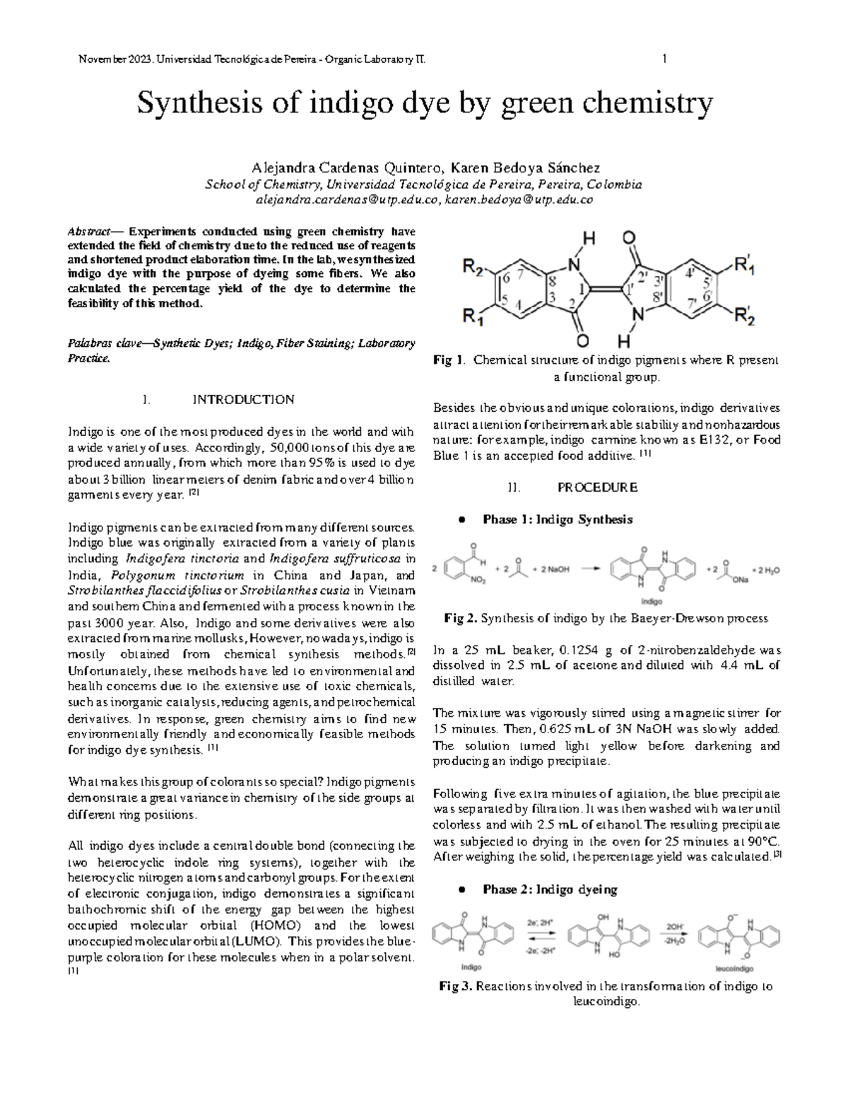 Indigo Synthesis - November 2023. Universidad Tecnológica de Pereira ...