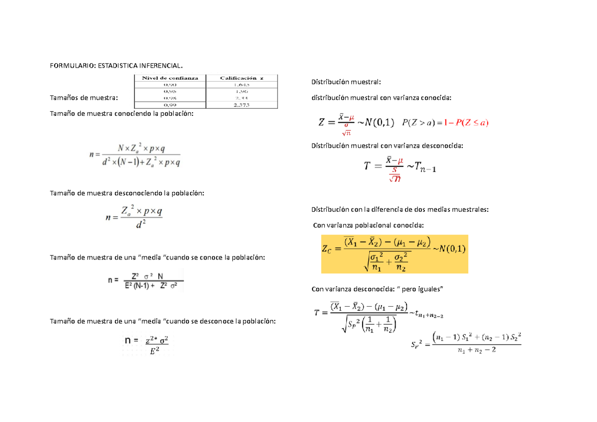 Formulario - FORMULAS - FORMULARIO: ESTADISTICA INFERENCIAL. Tamaños de muestra: Tamaño de ...