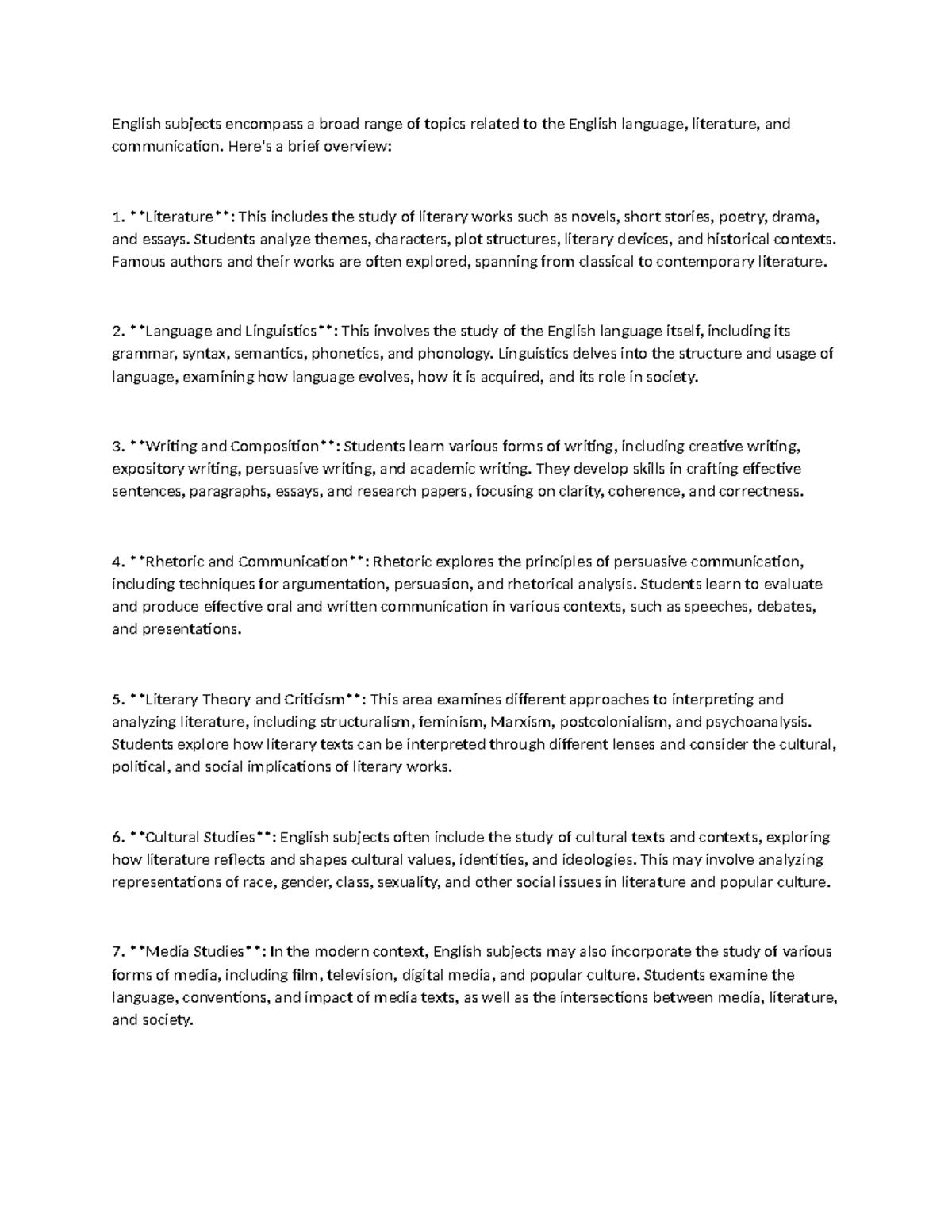 English subjects encompass a broad range of topics related to the ...