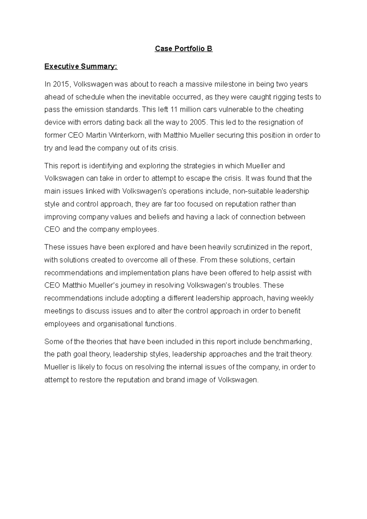 Case Portfolio B - assignment 2 - Case Portfolio B Executive Summary ...