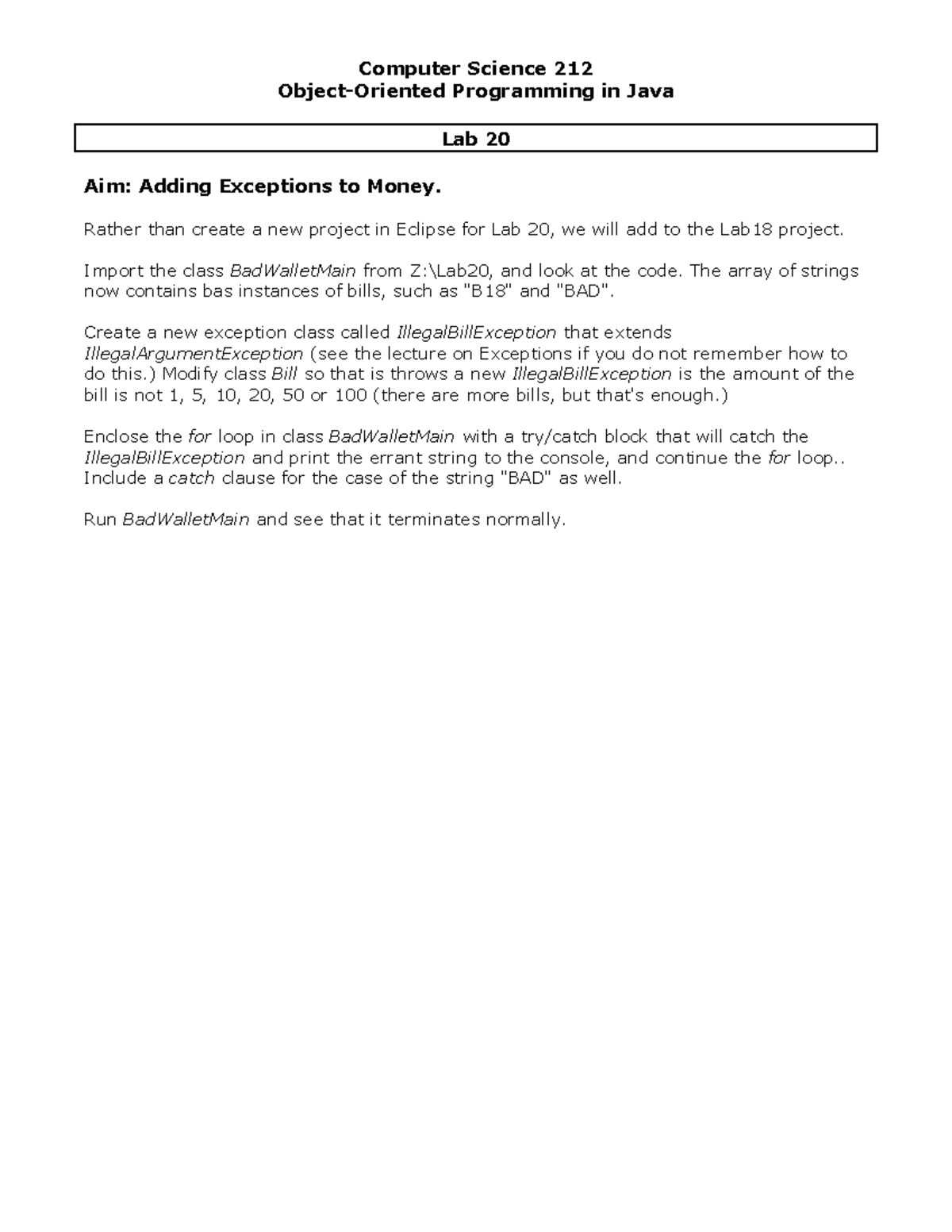 Law Cs212 Lab 20 Exceptions Studocu