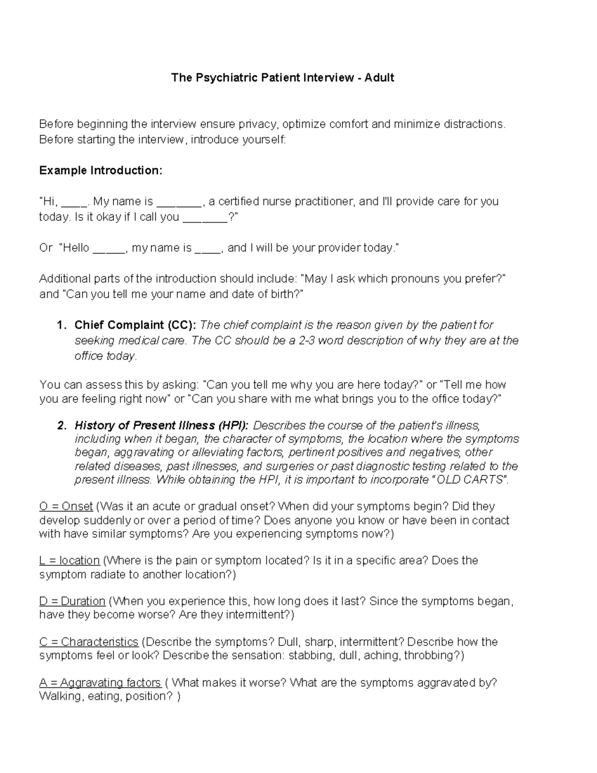 Resource Psychiatric Patient Interview Adult - The Psychiatric Patient ...