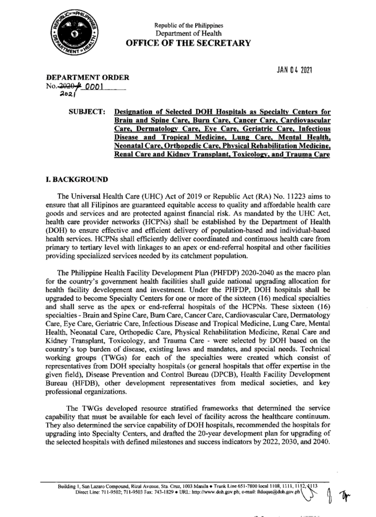 Department Order (DO) 2021-0001 Specialty-Center - Republic of the ...