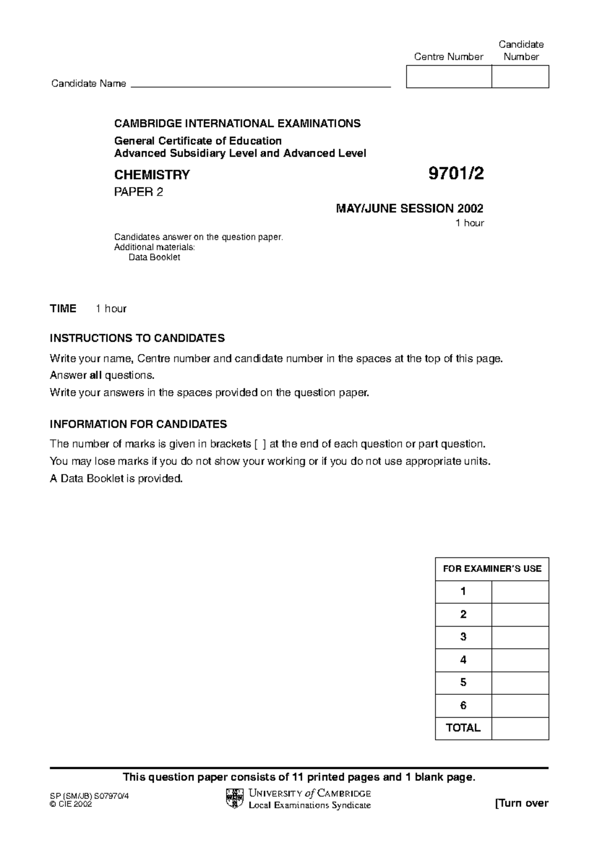 9701 s02 qp 2 - Questions for coursework - This question paper consists ...