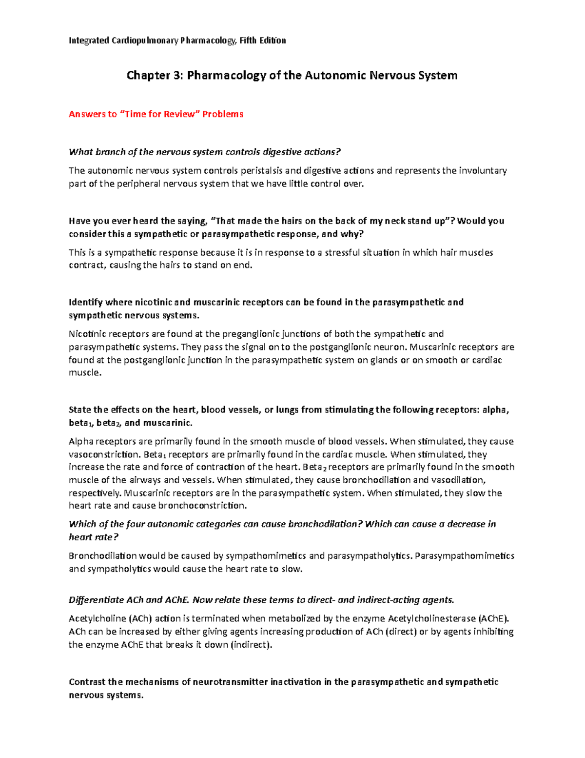 Chapter 3- Answers - Integrated Cardiopulmonary Pharmacology, Fifth ...
