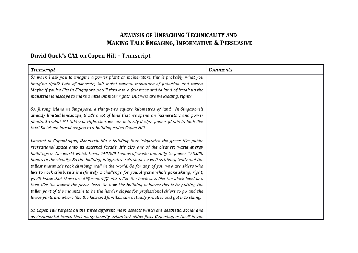 David Quek's CA1 Transcript - Analysis Exercise - ANALYSIS OF UNPACKING ...