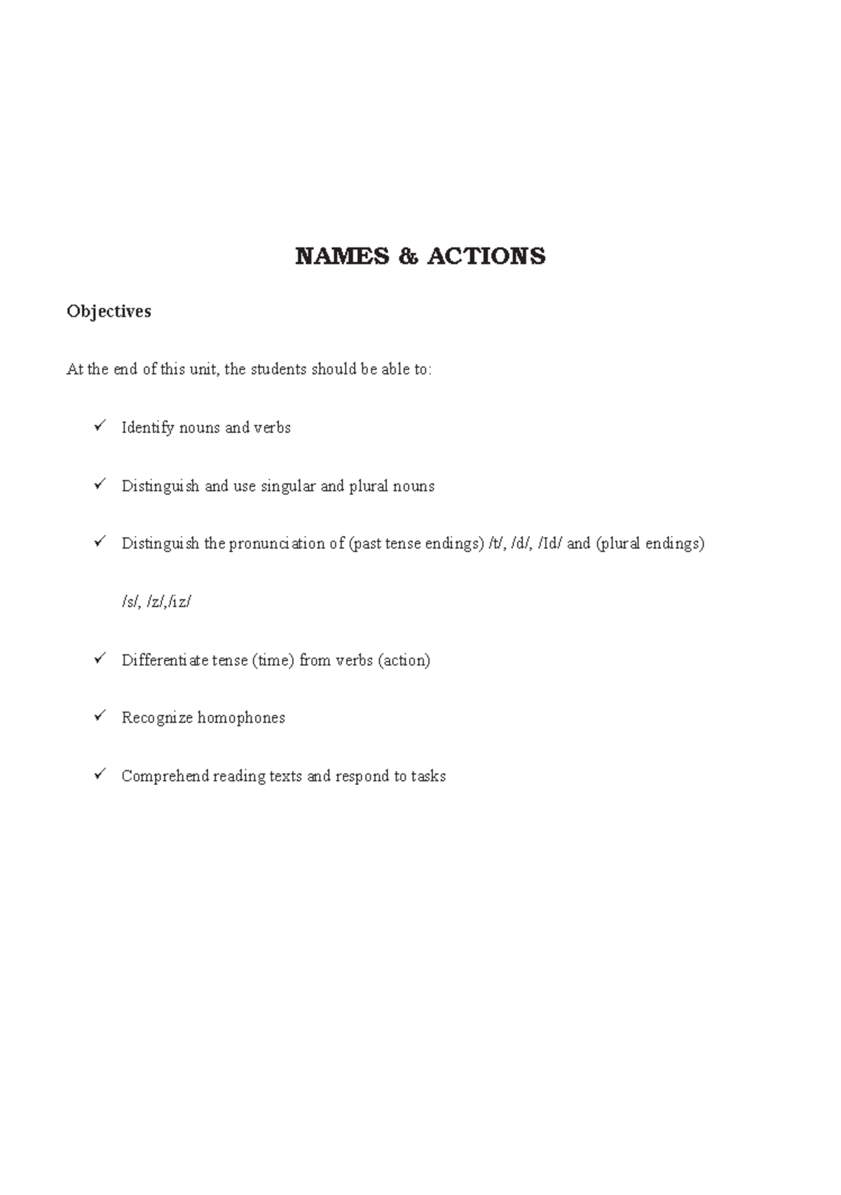 Names & Actions in communication English - UNIT 1 NAMES & ACTIONS ...