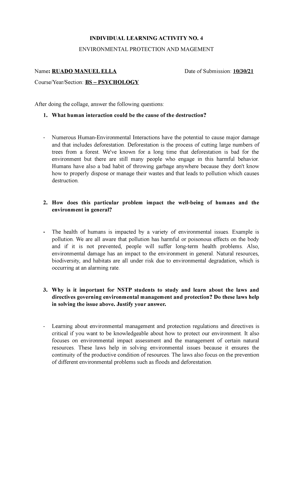 NSTP- Environmental Protection AND Management - INDIVIDUAL LEARNING ...