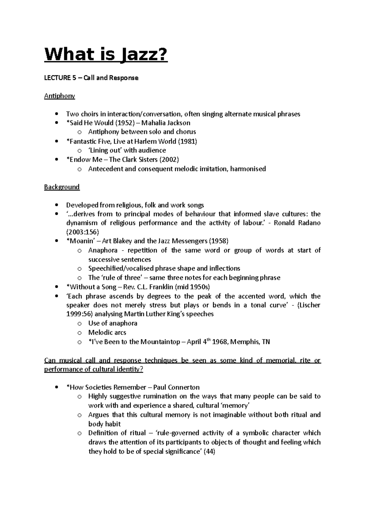 Lecture 5 - Call and Response - What is Jazz? LECTURE 5 – Call and ...