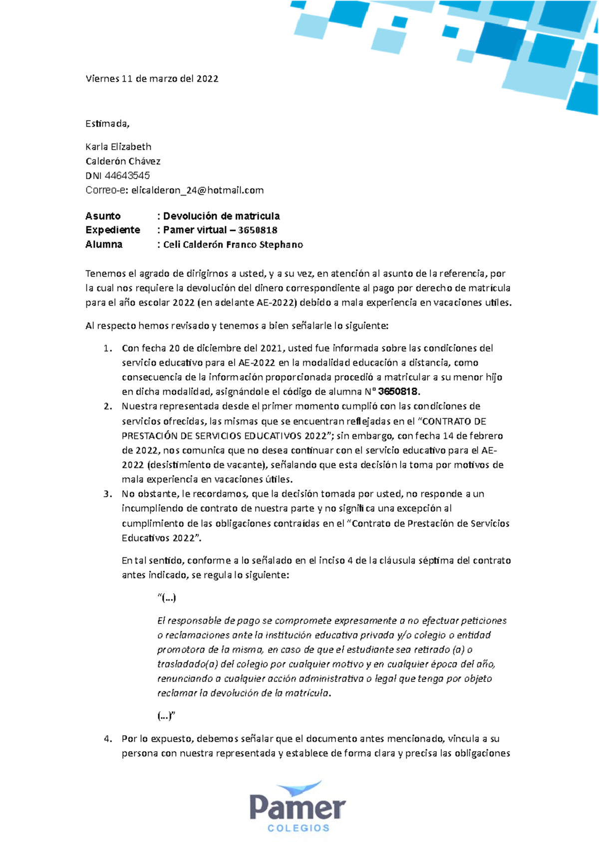 Carta de respuesta caso Celi Calderon - Viernes 11 de marzo del 2022 ...