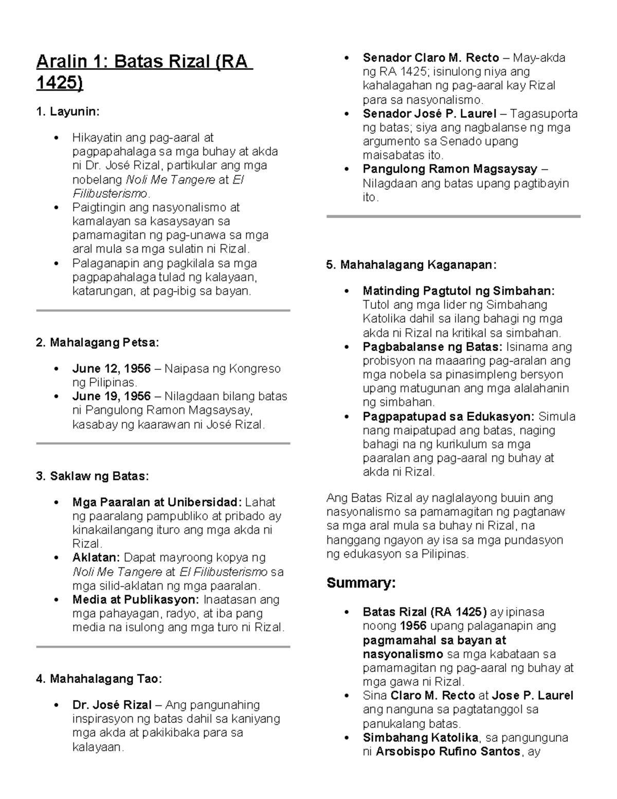 Rizal Reviewer - nyny - Aralin 1: Batas Rizal (RA 1425) 1. Layunin ...