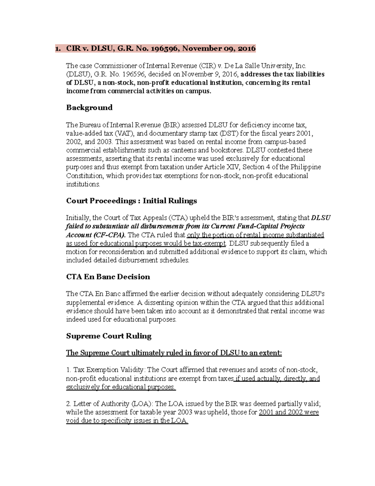 Remedies - cases - CIR v. DLSU, G. No. 196596, November 09, 2016 The ...