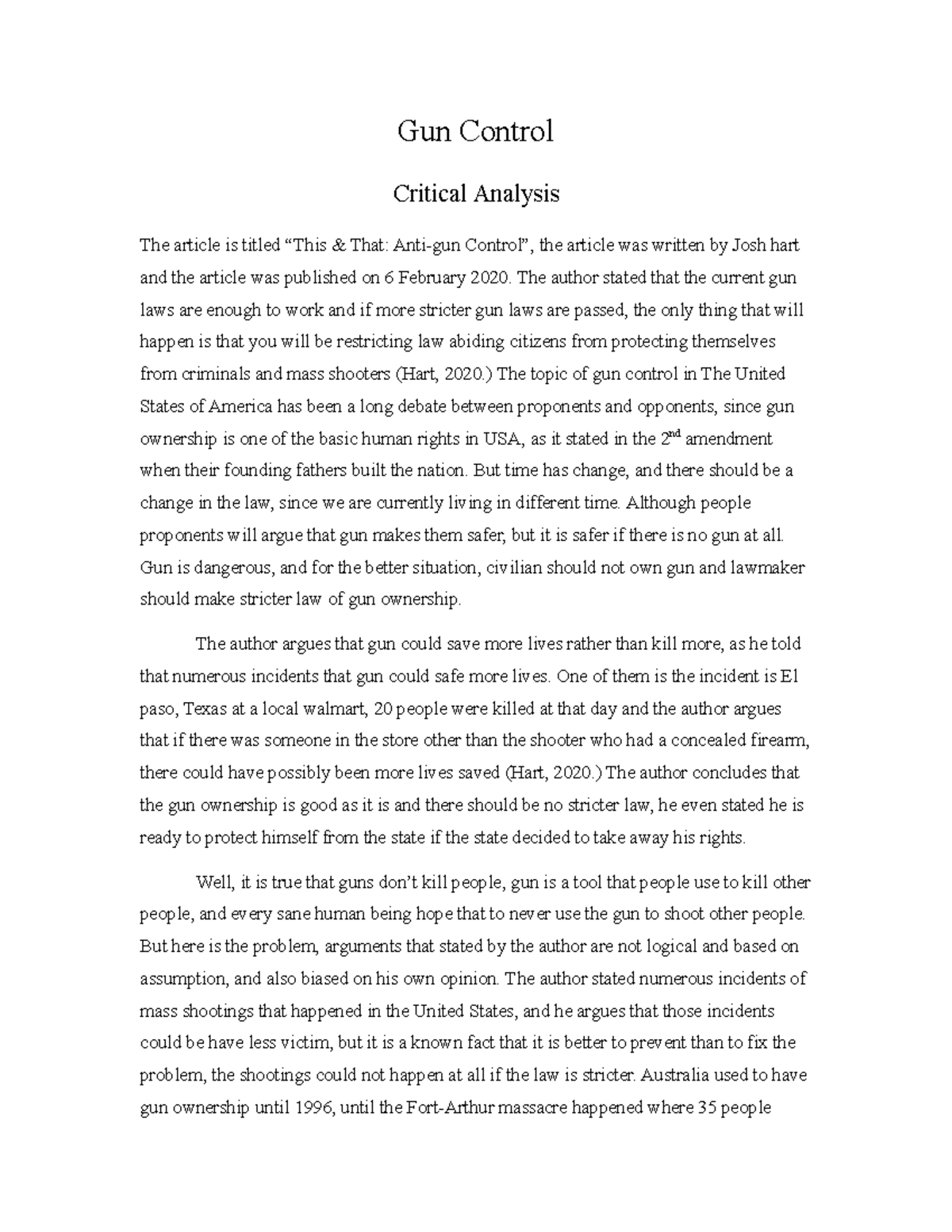 Gun Control Essay 07480060 - With Source - Gun Control Critical ...