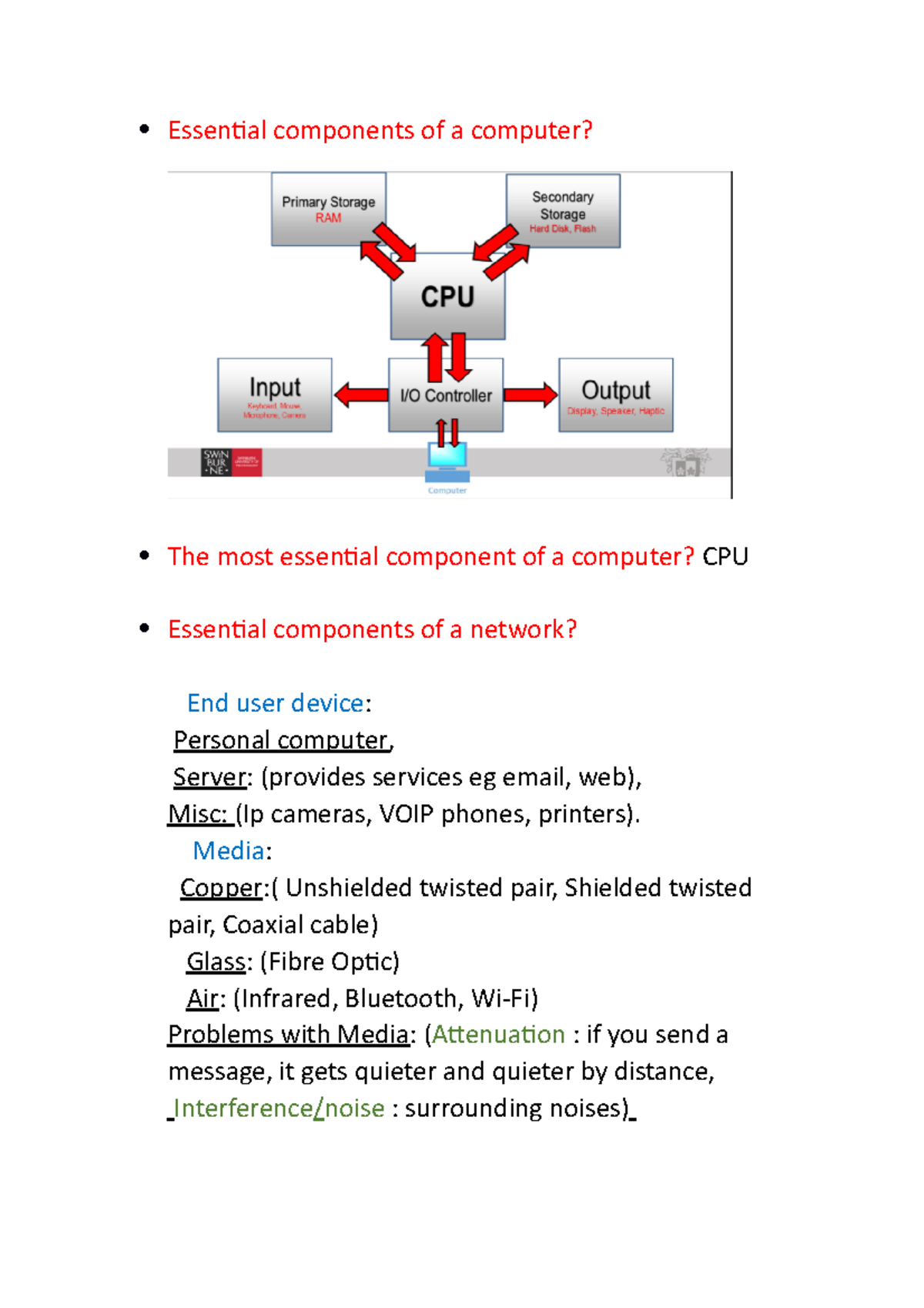 Lec 1 - Lecture notes 1 - Essential components of a computer? The most ...