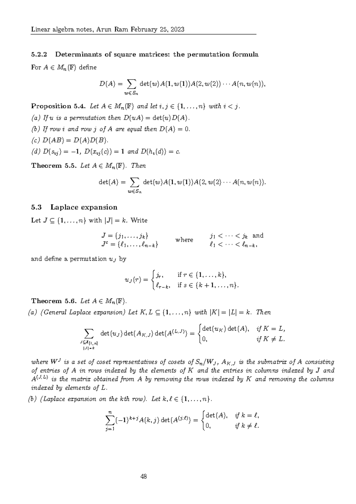 230301 Dets Formulas - Linear algebra notes, Arun Ram February 25, 2023 ...