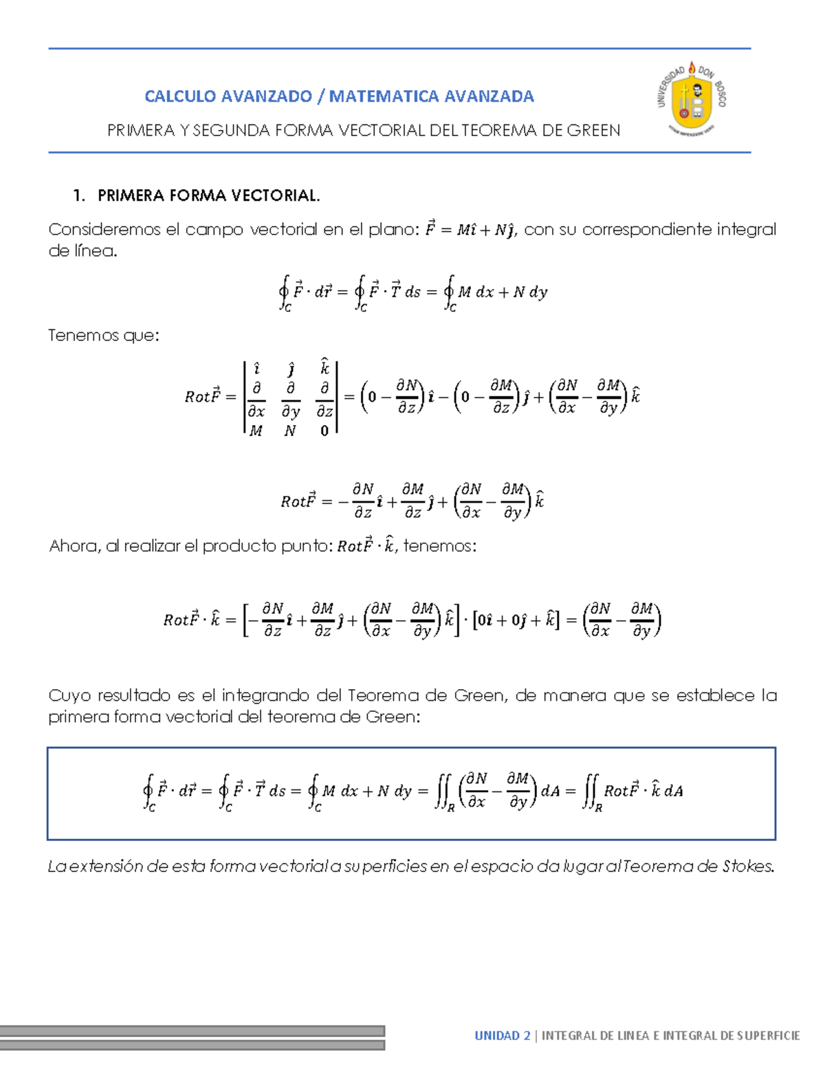 Primera y segunda forma vectorial del teorema de Green - UNIDAD 2 ...