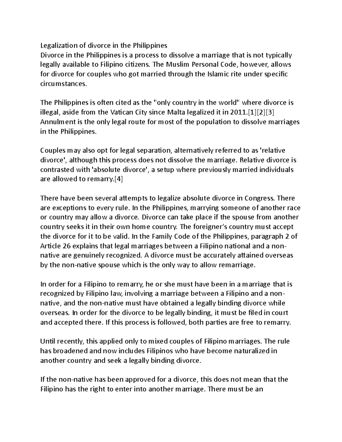 RW(position paper) - academic purpose - Legalization of divorce in the ...