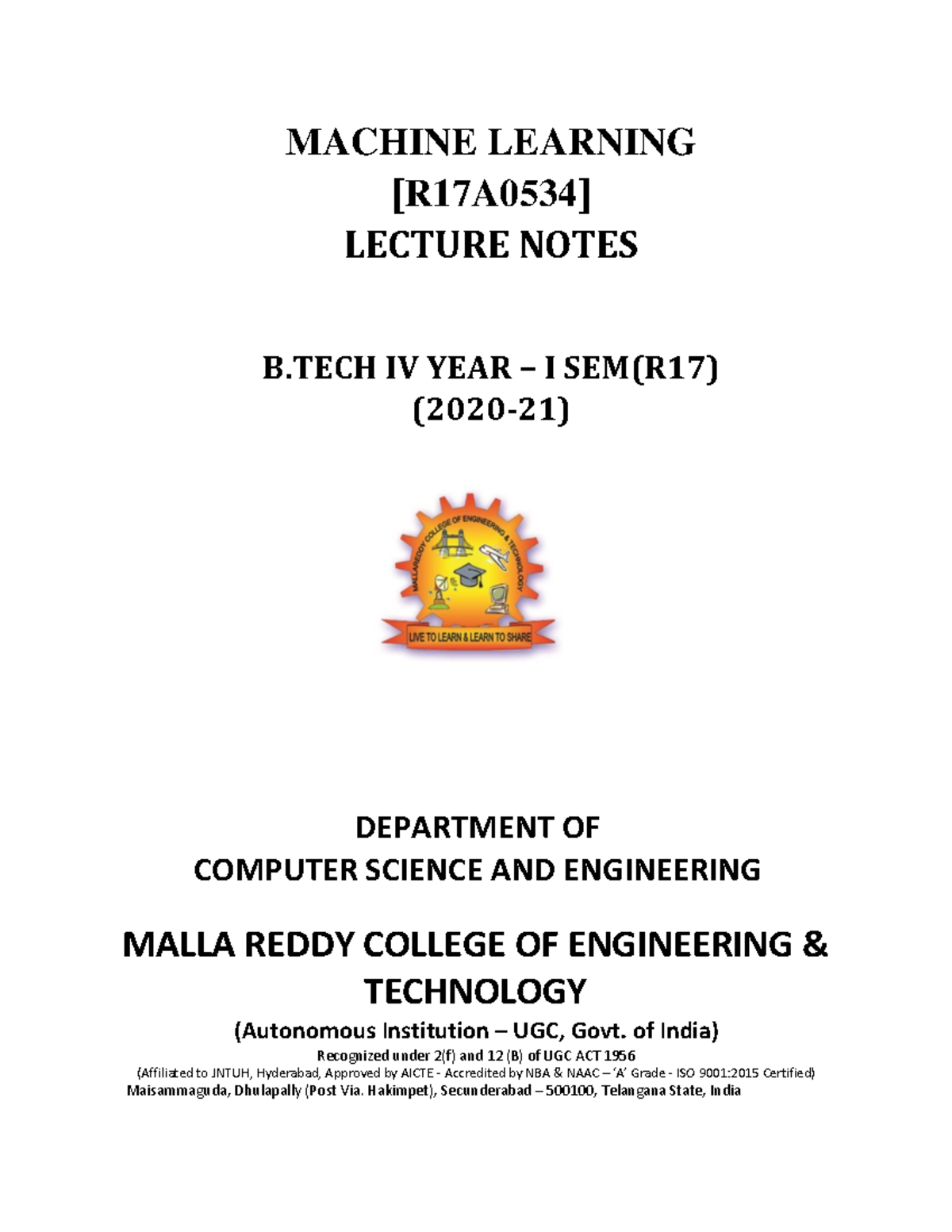 Machine Learning(R17A0534) - MACHINE LEARNING [R17A0534] LECTURE NOTES ...