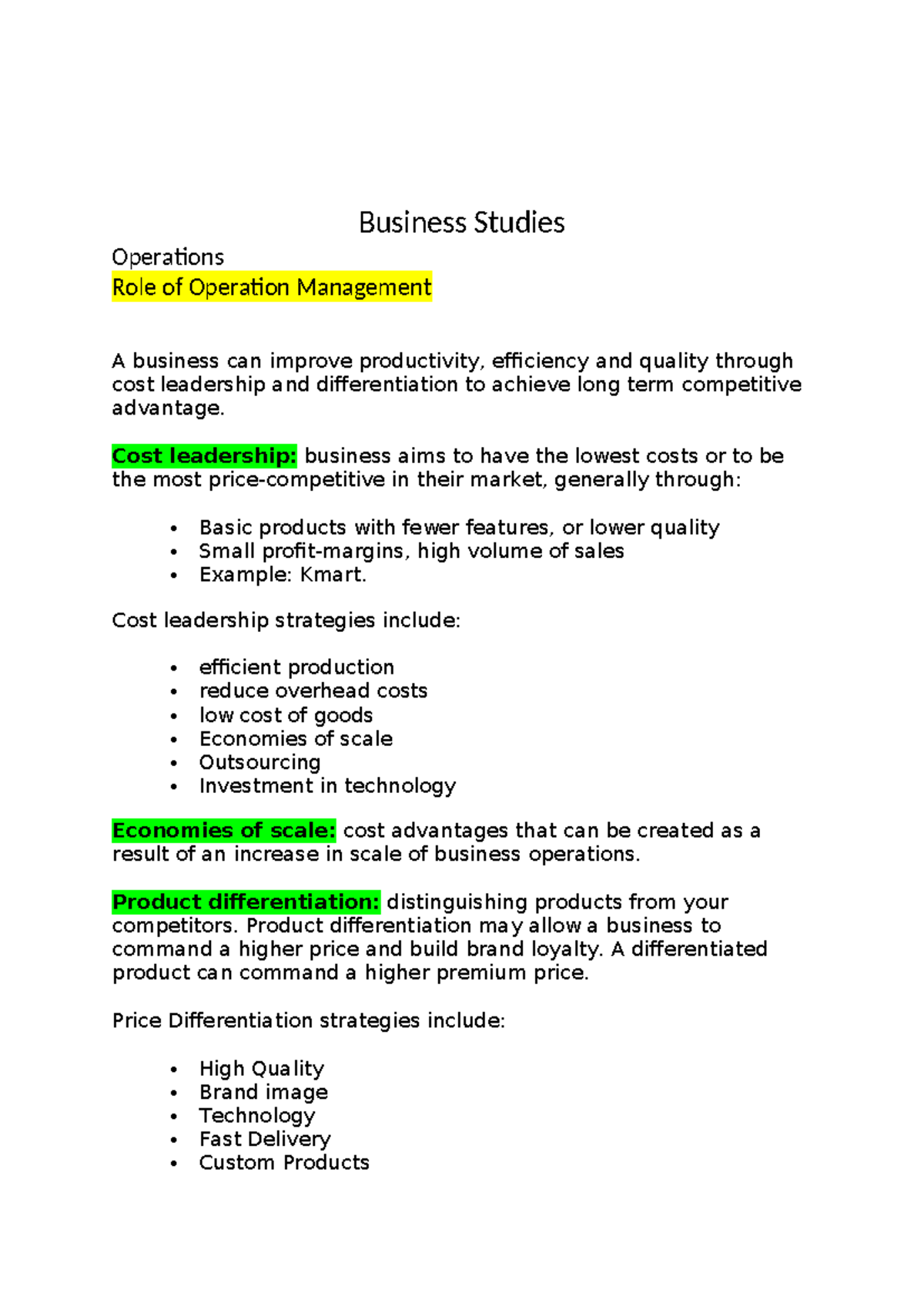 Business Studies - Good notes - Business Studies Operations Role of ...