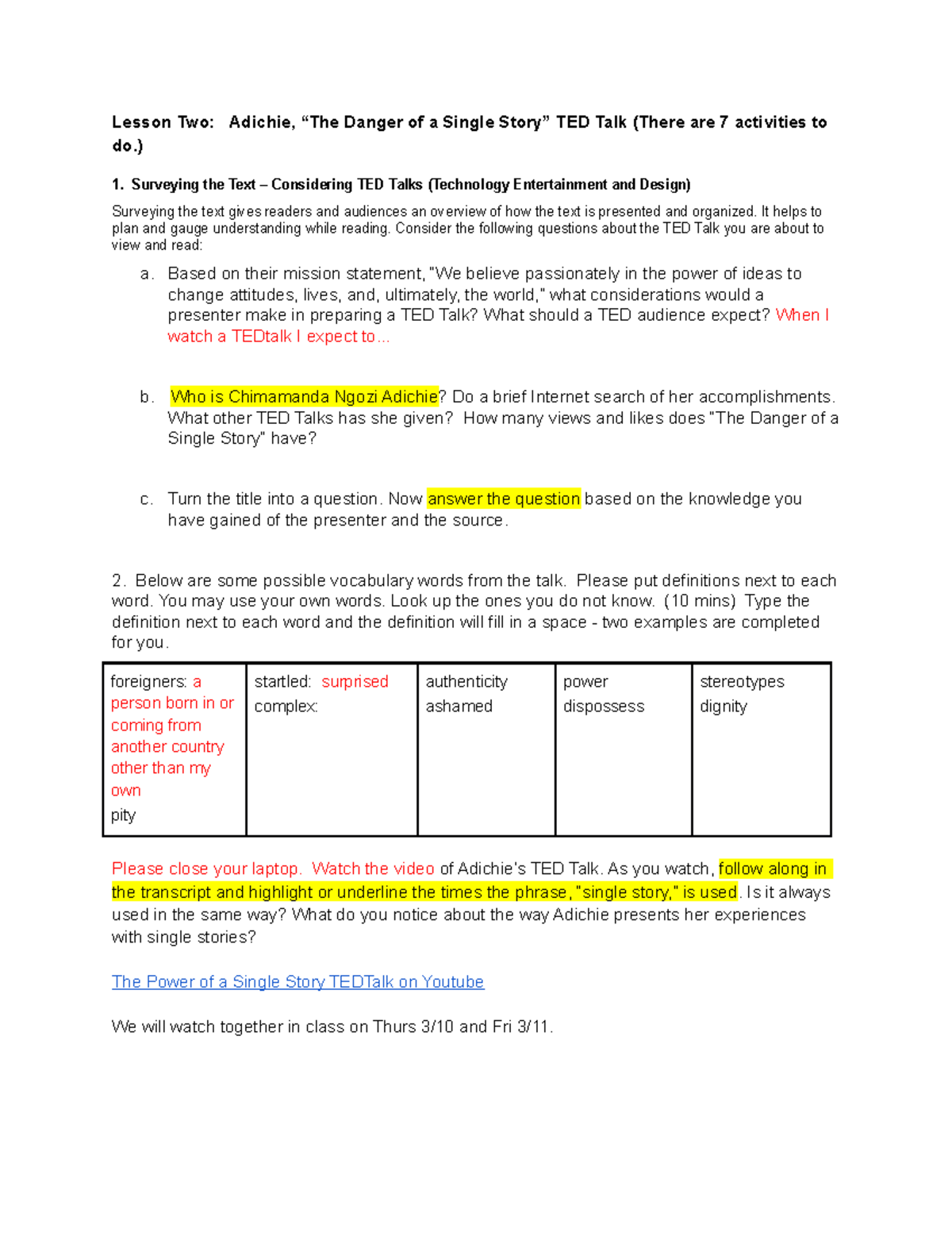 Copy of Student Copy of Lesson Two Adichie, “The Danger of a Single ...