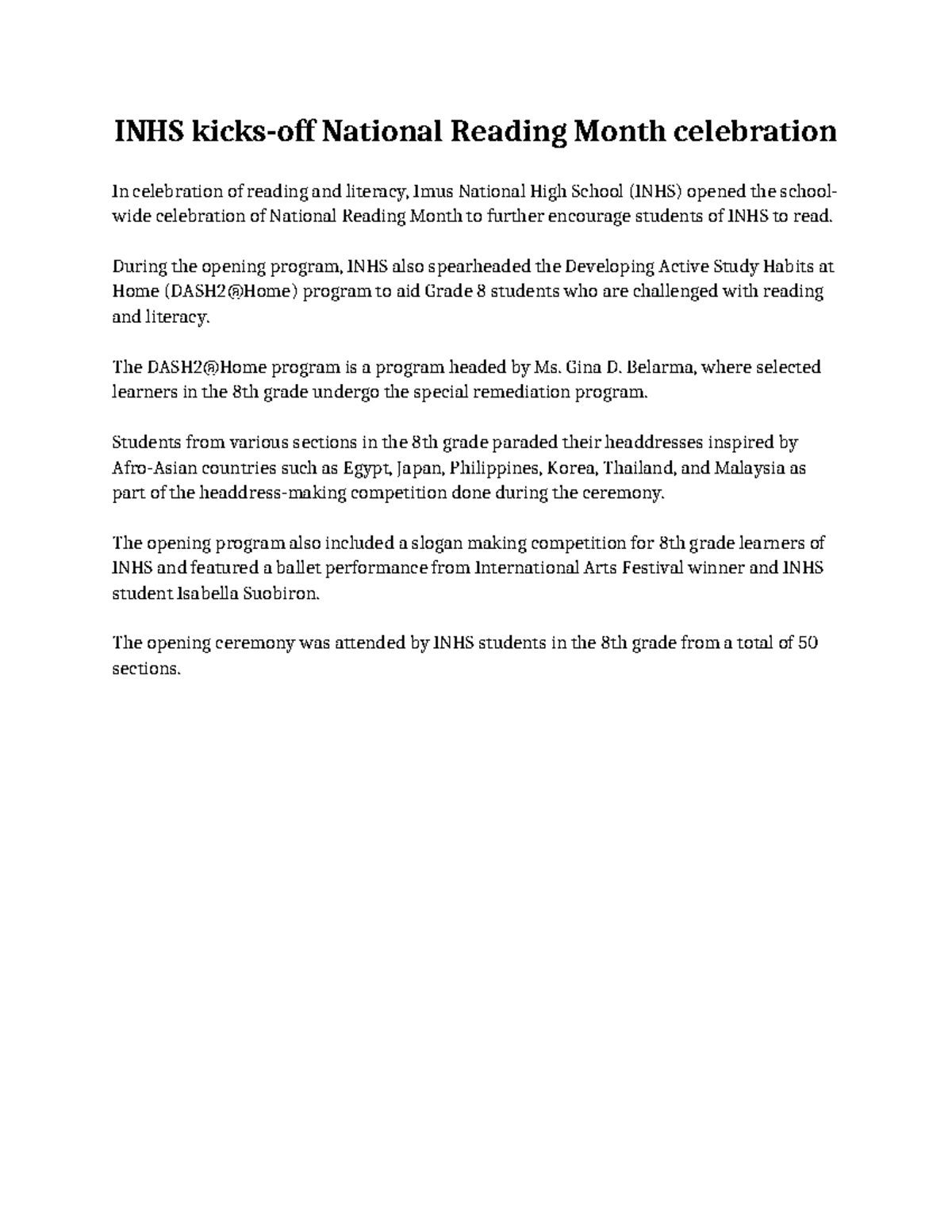 Opening Ceremony - INHS kicks-off National Reading Month celebration In ...