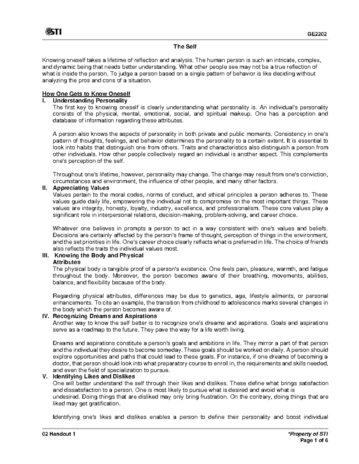 03 Handout 1 - lecture noted and practices - 02 Handout 1 *Property of STI The Self Knowing ...