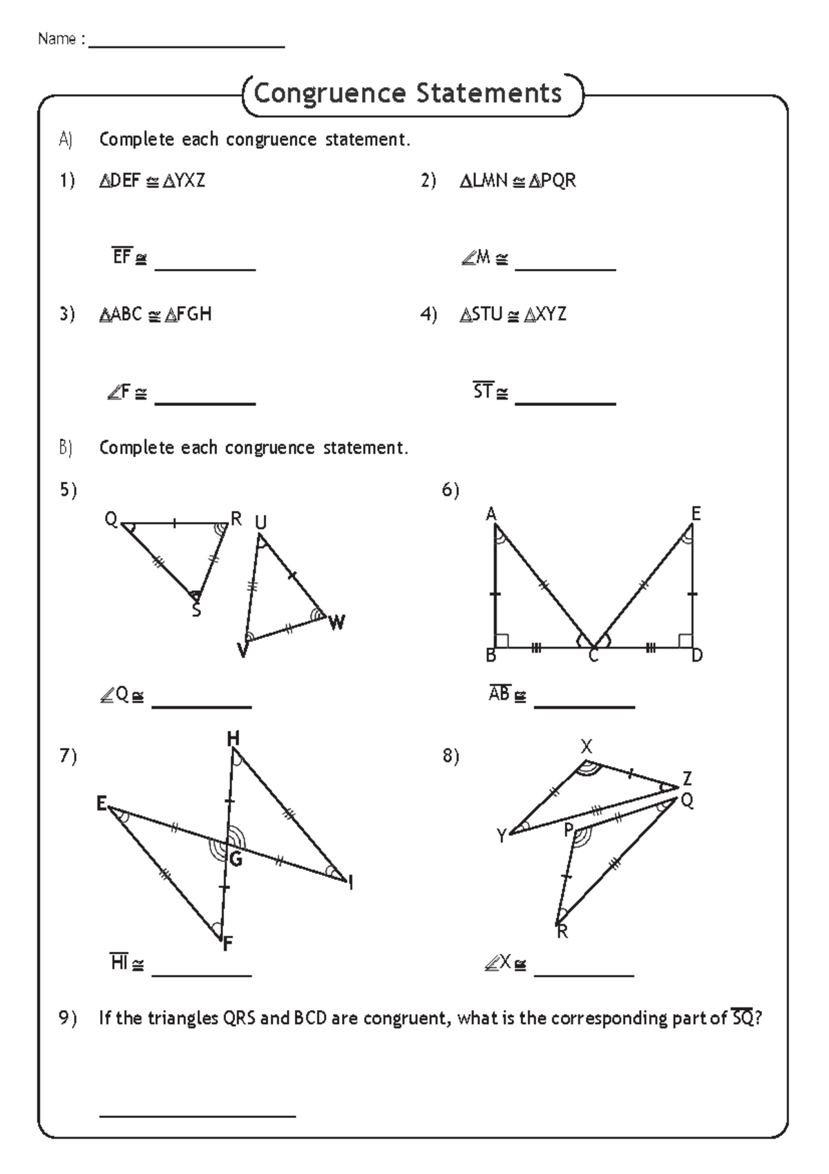 Math 8 activities - Congruence Statements A) Complete each congruence ...