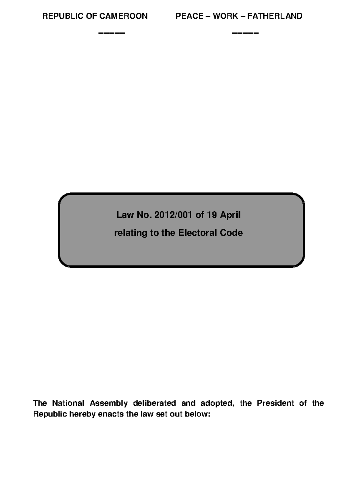 Electoral CODE OF Cameroon - Law No. 2012/001 of 19 April relating to ...