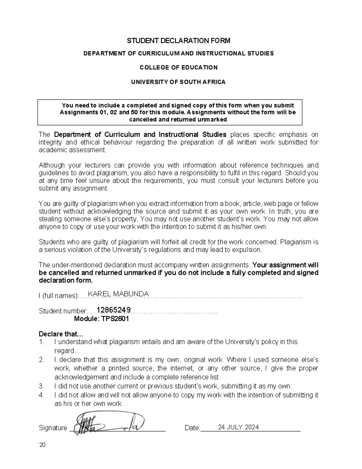 TPS2601 Assessment 2 - STUDENT DECLARATION FORM DEPARTMENT OF CURRICULUM AND INSTRUCTIONAL ...