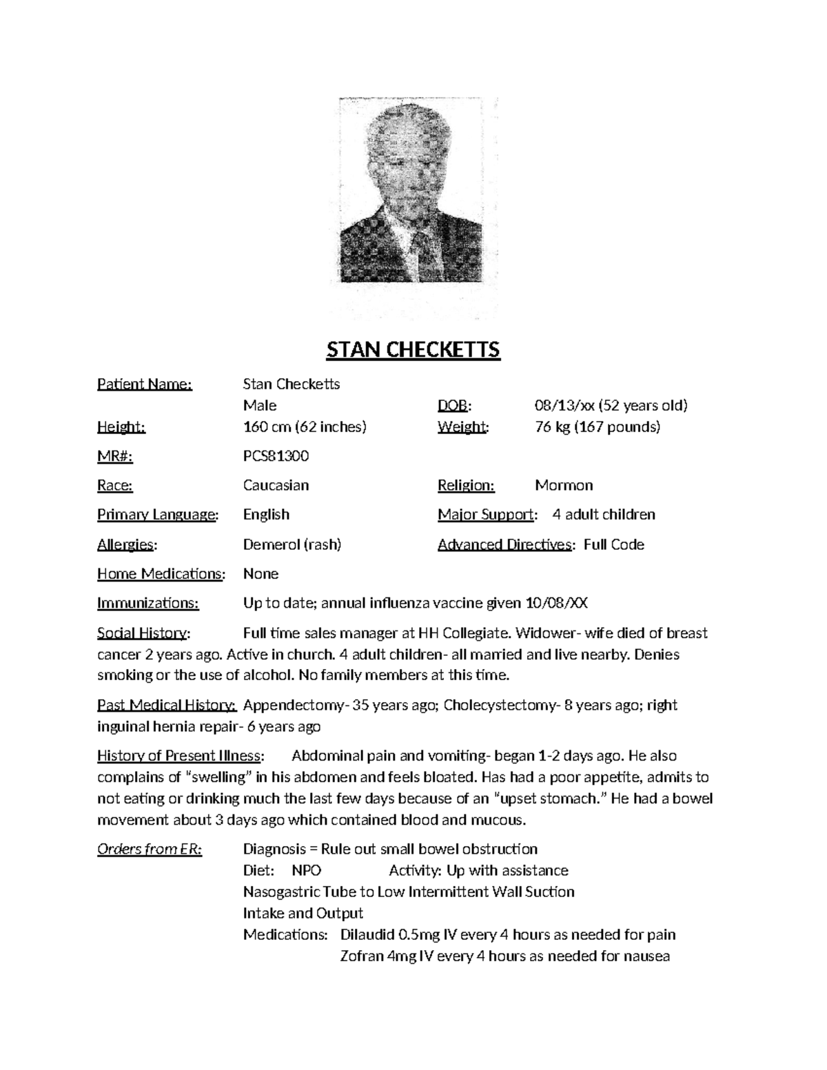 Stan Checketts (Student Handout) - STAN CHECKETTS Patient Name: Stan ...
