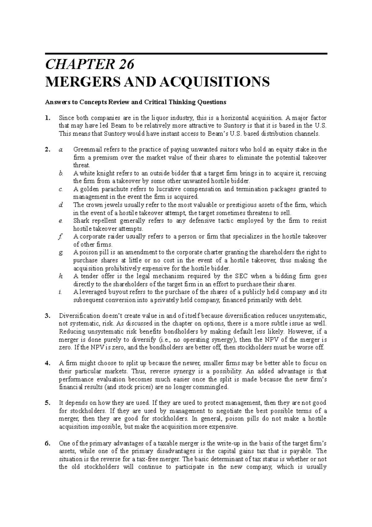 ross Chapter 26 solution - CHAPTER 26 MERGERS AND ACQUISITIONS Answers ...