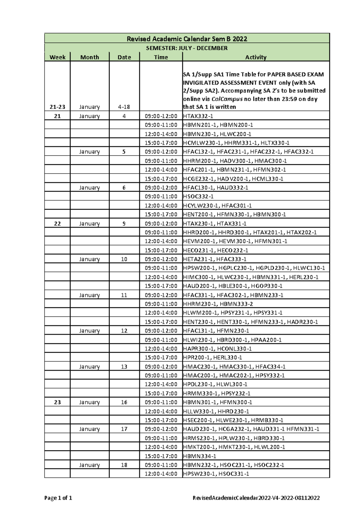 Revised Sem B 2022Calendar-NB- 08 - SEMESTER: JULY - DECEMBER SA 1/Supp ...