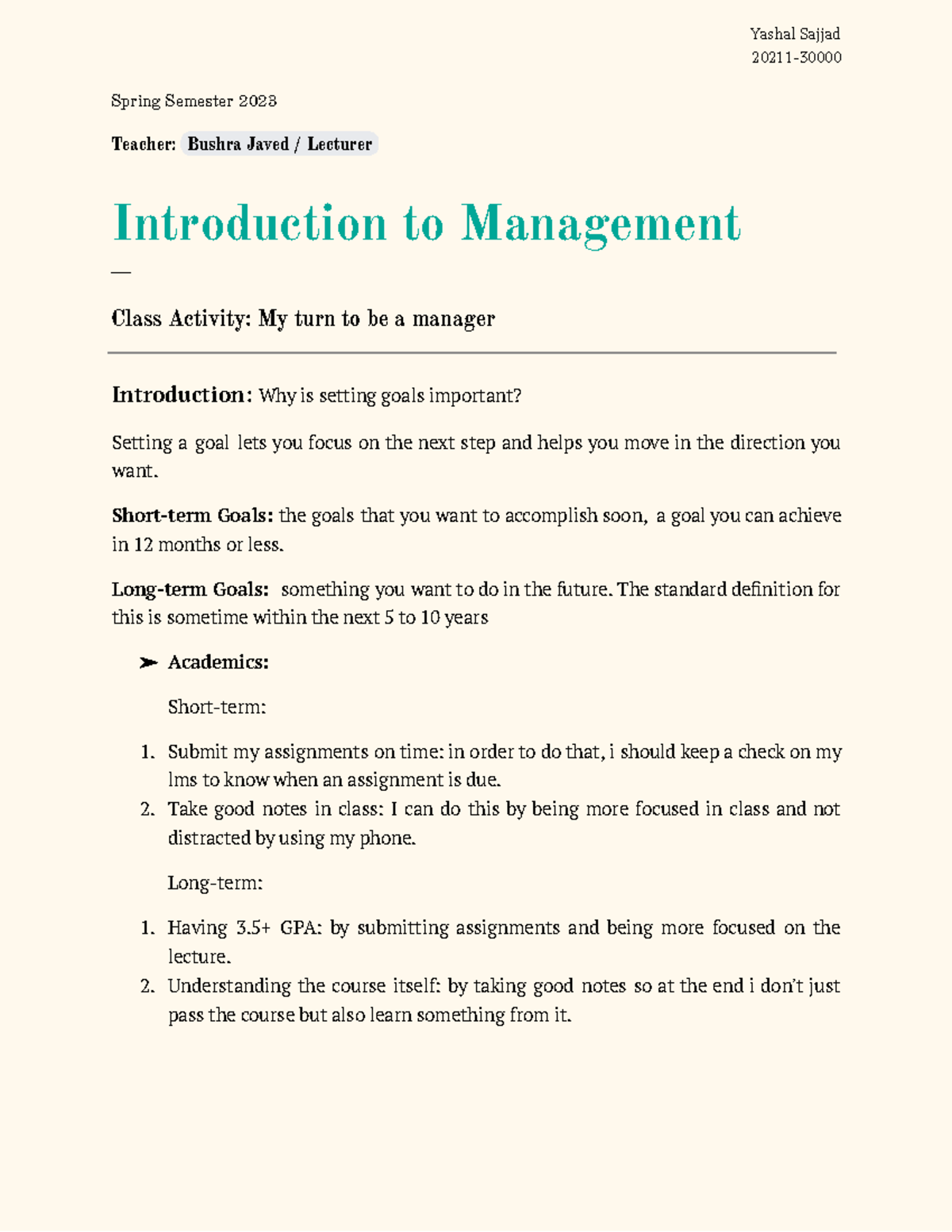 CA #1 - Yashal Sajjad 20211- Spring Semester 2023 Teacher: Bushra Javed ...