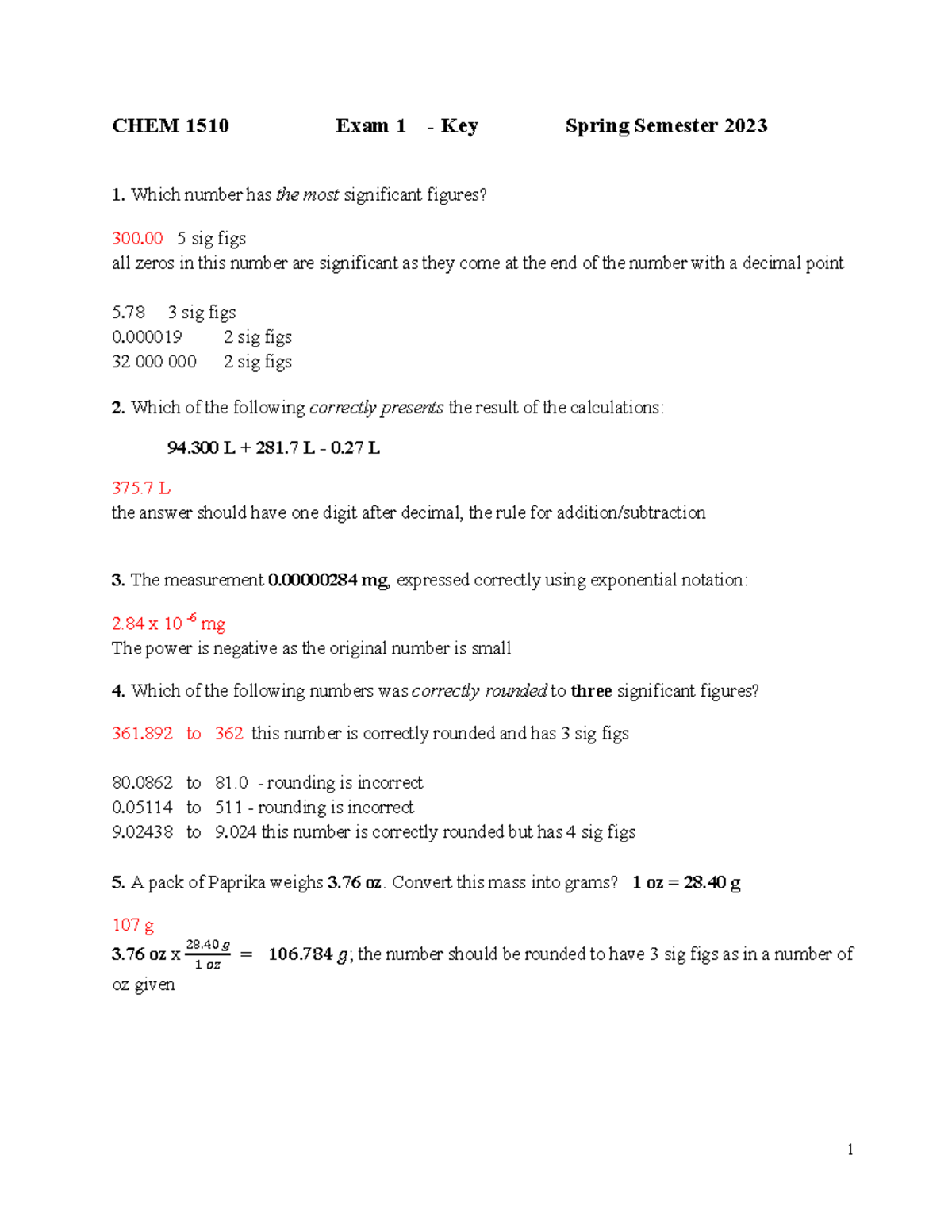 CHEM 1510 Exam 1 Key Explanations S23 - CHEM 1510 Exam 1 - Key Spring ...