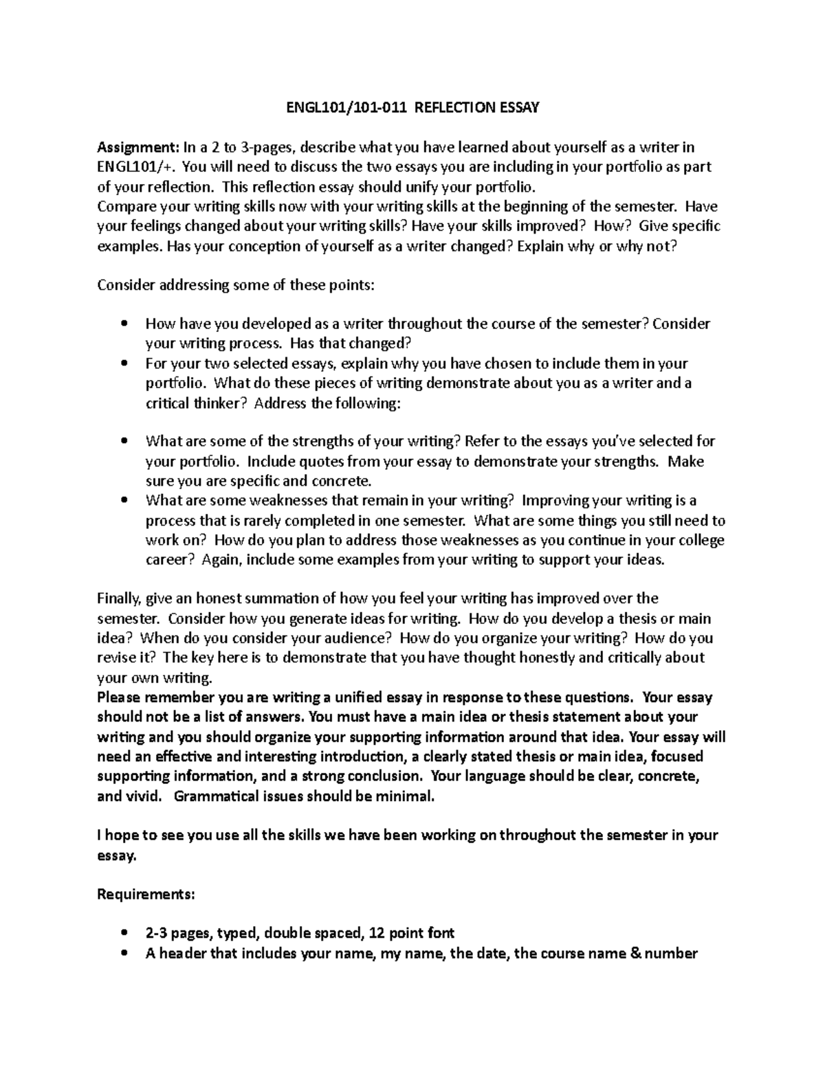 ENGL101-ENGL 101-011 Self Reflection Essay -1 - ENGL101/101-011 ...